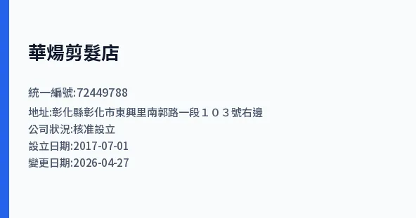 華煬剪髮店的照片-統編 72449788(彰化縣) 公司登記資料與營業項目詳細圖表