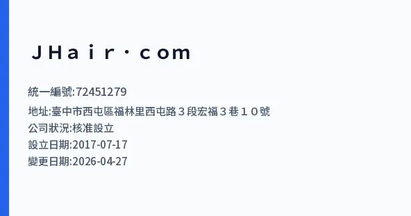 JHair.com的照片-統編 72451279(臺中市) 公司登記資料與營業項目詳細圖表