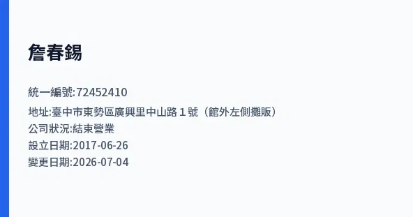 詹春錫的照片-統編 72452410(臺中市) 公司登記資料與營業項目詳細圖表