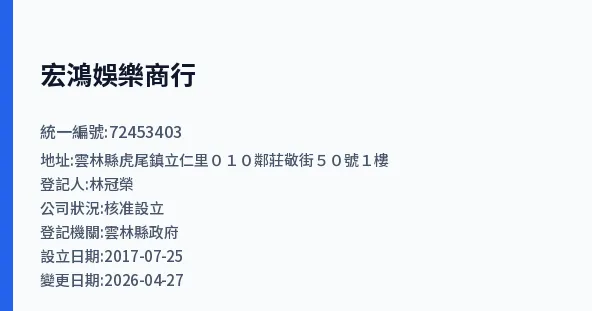 宏鴻娛樂商行的照片-統編 72453403(雲林縣) 公司登記資料與營業項目詳細圖表