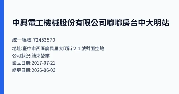 中興電工機械股份有限公司嘟嘟房台中大明站的照片-統編 72453570(臺中市) 公司登記資料與營業項目詳細圖表