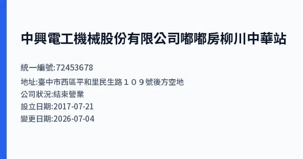 中興電工機械股份有限公司嘟嘟房柳川中華站的照片-統編 72453678(臺中市) 公司登記資料與營業項目詳細圖表