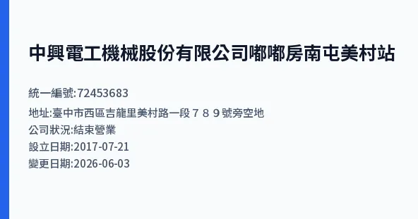 中興電工機械股份有限公司嘟嘟房南屯美村站的照片-統編 72453683(臺中市) 公司登記資料與營業項目詳細圖表