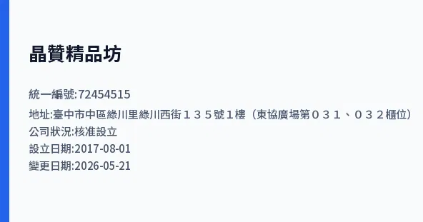 晶贊精品坊的照片-統編 72454515(臺中市) 公司登記資料與營業項目詳細圖表