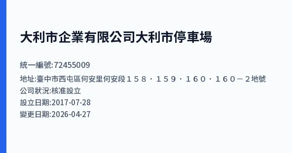 大利市企業有限公司大利市停車場的照片-統編 72455009(臺中市) 公司登記資料與營業項目詳細圖表