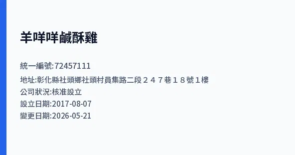 羊咩咩鹹酥雞的照片-統編 72457111(彰化縣) 公司登記資料與營業項目詳細圖表