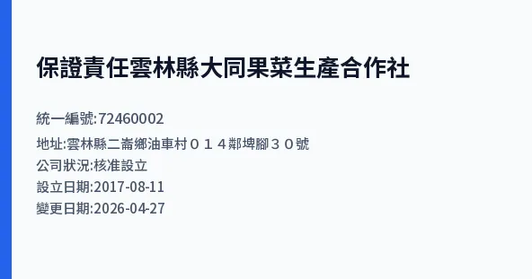 保證責任雲林縣大同果菜生產合作社的照片-統編 72460002(雲林縣) 公司登記資料與營業項目詳細圖表