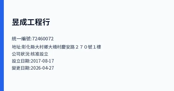 昱成工程行的照片-統編 72460072(彰化縣) 公司登記資料與營業項目詳細圖表