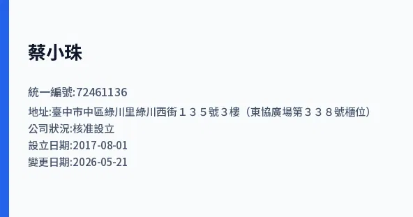 蔡小珠的照片-統編 72461136(臺中市) 公司登記資料與營業項目詳細圖表