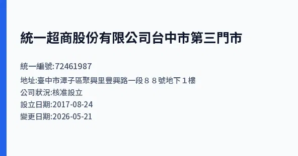 統一超商股份有限公司台中市第三門市的照片-統編 72461987(臺中市) 公司登記資料與營業項目詳細圖表