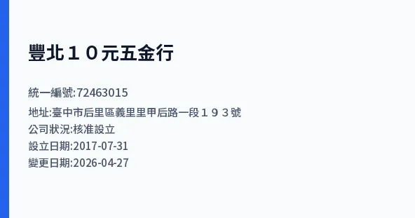 豐北10元五金行的照片-統編 72463015(臺中市) 公司登記資料與營業項目詳細圖表