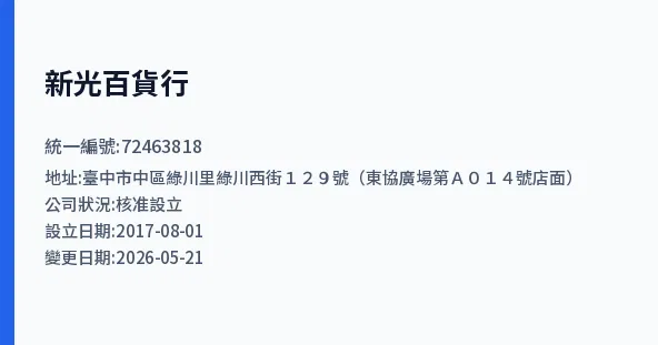 新光百貨行的照片-統編 72463818(臺中市) 公司登記資料與營業項目詳細圖表