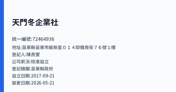 天門冬企業社的照片-統編 72464936(苗栗縣) 公司登記資料與營業項目詳細圖表