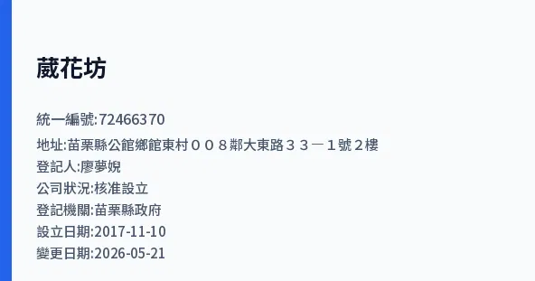 葳花坊的照片-統編 72466370(苗栗縣) 公司登記資料與營業項目詳細圖表