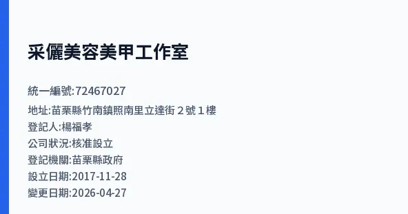 采儷美容美甲工作室的照片-統編 72467027(苗栗縣) 公司登記資料與營業項目詳細圖表