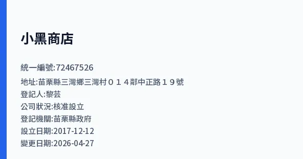 小黑商店的照片-統編 72467526(苗栗縣) 公司登記資料與營業項目詳細圖表