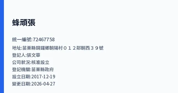 蜂頑張的照片-統編 72467758(苗栗縣) 公司登記資料與營業項目詳細圖表