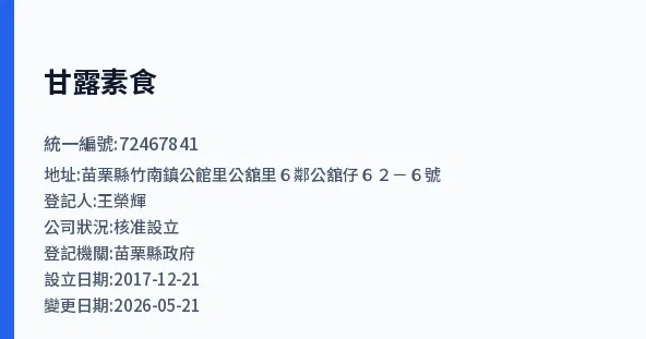 甘露素食的照片-統編 72467841(苗栗縣) 公司登記資料與營業項目詳細圖表