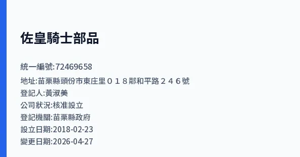 佐皇騎士部品的照片-統編 72469658(苗栗縣) 公司登記資料與營業項目詳細圖表