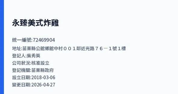 永臻美式炸雞的照片-統編 72469904(苗栗縣) 公司登記資料與營業項目詳細圖表