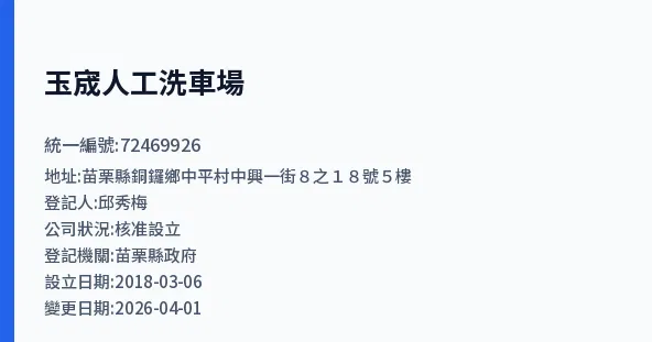 玉宬人工洗車場的照片-統編 72469926(苗栗縣) 公司登記資料與營業項目詳細圖表