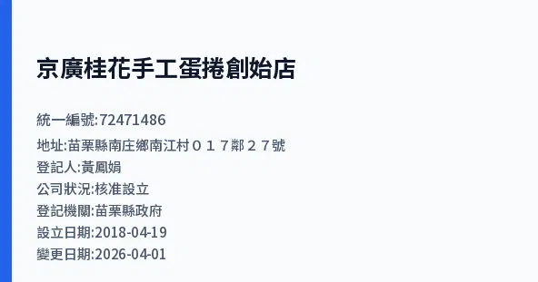 京廣桂花手工蛋捲創始店的照片-統編 72471486(苗栗縣) 公司登記資料與營業項目詳細圖表