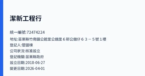 潔新工程行的照片-統編 72474224(苗栗縣) 公司登記資料與營業項目詳細圖表
