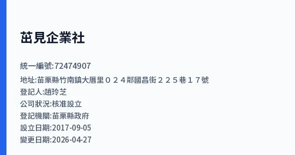 茁見企業社的照片-統編 72474907(苗栗縣) 公司登記資料與營業項目詳細圖表
