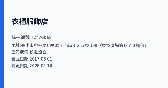 衣櫃服飾店的照片-統編 72476068(臺中市) 公司登記資料與營業項目詳細圖表
