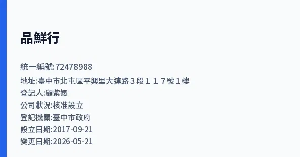 品鮮行的照片-統編 72478988(臺中市) 公司登記資料與營業項目詳細圖表