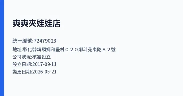 爽爽夾娃娃店的照片-統編 72479023(彰化縣) 公司登記資料與營業項目詳細圖表