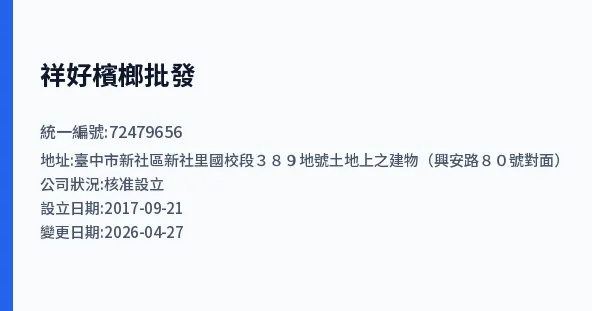 祥好檳榔批發的照片-統編 72479656(臺中市) 公司登記資料與營業項目詳細圖表