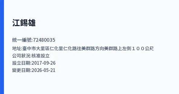 江錫雄的照片-統編 72480035(臺中市) 公司登記資料與營業項目詳細圖表
