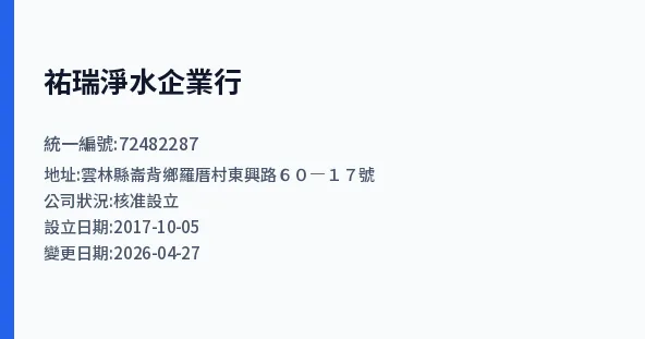 祐瑞淨水企業行的照片-統編 72482287(雲林縣) 公司登記資料與營業項目詳細圖表