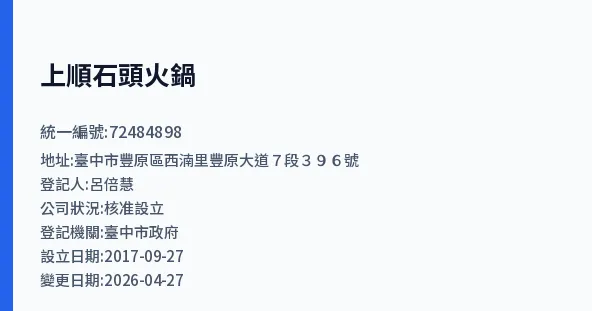 上順石頭火鍋的照片-統編 72484898(臺中市) 公司登記資料與營業項目詳細圖表