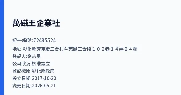 萬磁王企業社的照片-統編 72485524(彰化縣) 公司登記資料與營業項目詳細圖表