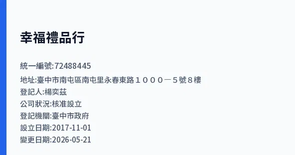 幸福禮品行的照片-統編 72488445(臺中市) 公司登記資料與營業項目詳細圖表