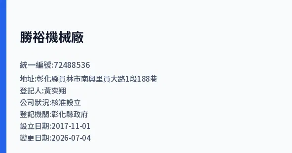 勝裕機械廠的照片-統編 72488536(彰化縣) 公司登記資料與營業項目詳細圖表