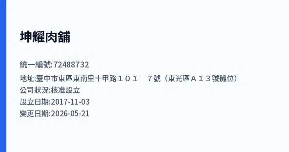 坤耀肉舖的照片-統編 72488732(臺中市) 公司登記資料與營業項目詳細圖表