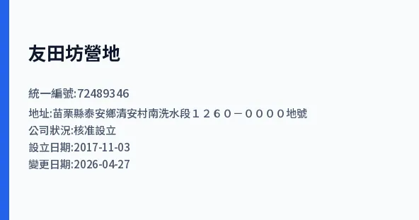 友田坊營地的照片-統編 72489346(苗栗縣) 公司登記資料與營業項目詳細圖表