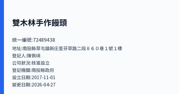 雙木林手作饅頭的照片-統編 72489438(南投縣) 公司登記資料與營業項目詳細圖表