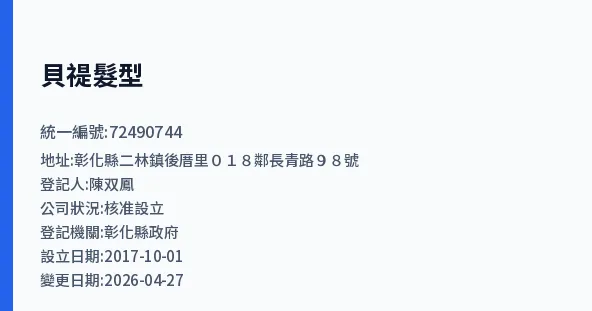 貝禔髮型的照片-統編 72490744(彰化縣) 公司登記資料與營業項目詳細圖表