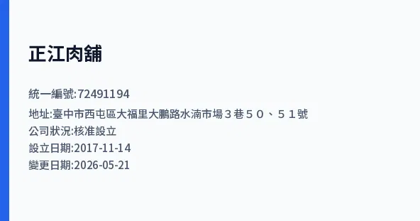 正江肉舖的照片-統編 72491194(臺中市) 公司登記資料與營業項目詳細圖表