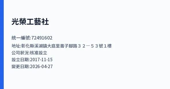光榮工藝社的照片-統編 72491602(彰化縣) 公司登記資料與營業項目詳細圖表