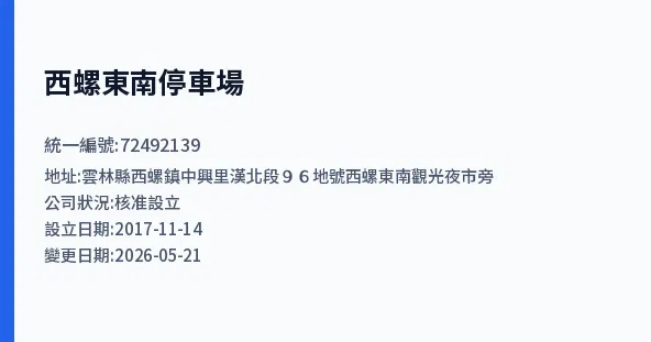 西螺東南停車場的照片-統編 72492139(雲林縣) 公司登記資料與營業項目詳細圖表