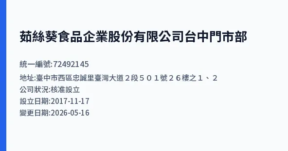 茹絲葵食品企業股份有限公司台中門市部的照片-統編 72492145(臺中市) 公司登記資料與營業項目詳細圖表