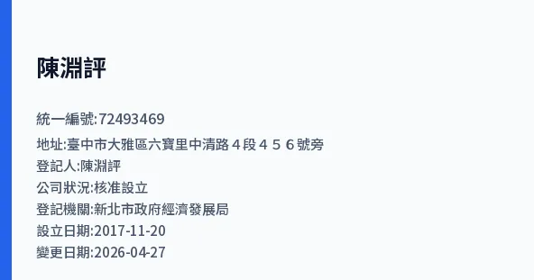 陳淵評的照片-統編 72493469(臺中市) 公司登記資料與營業項目詳細圖表