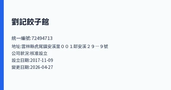 劉記餃子館的照片-統編 72494713(雲林縣) 公司登記資料與營業項目詳細圖表