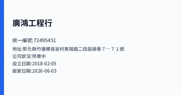 廣鴻工程行的照片-統編 72495451(彰化縣) 公司登記資料與營業項目詳細圖表