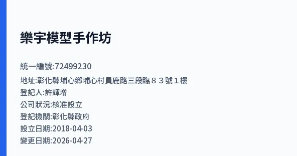 樂宇模型手作坊的照片-統編 72499230(彰化縣) 公司登記資料與營業項目詳細圖表
